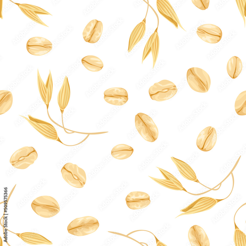 Oats seamless pattern. Vector ears of oats and flakes on white. Background with agricultural ...