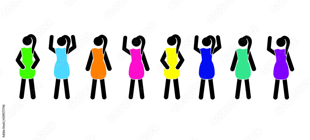 set of stick man woman in multicolored dresses in various positions ...