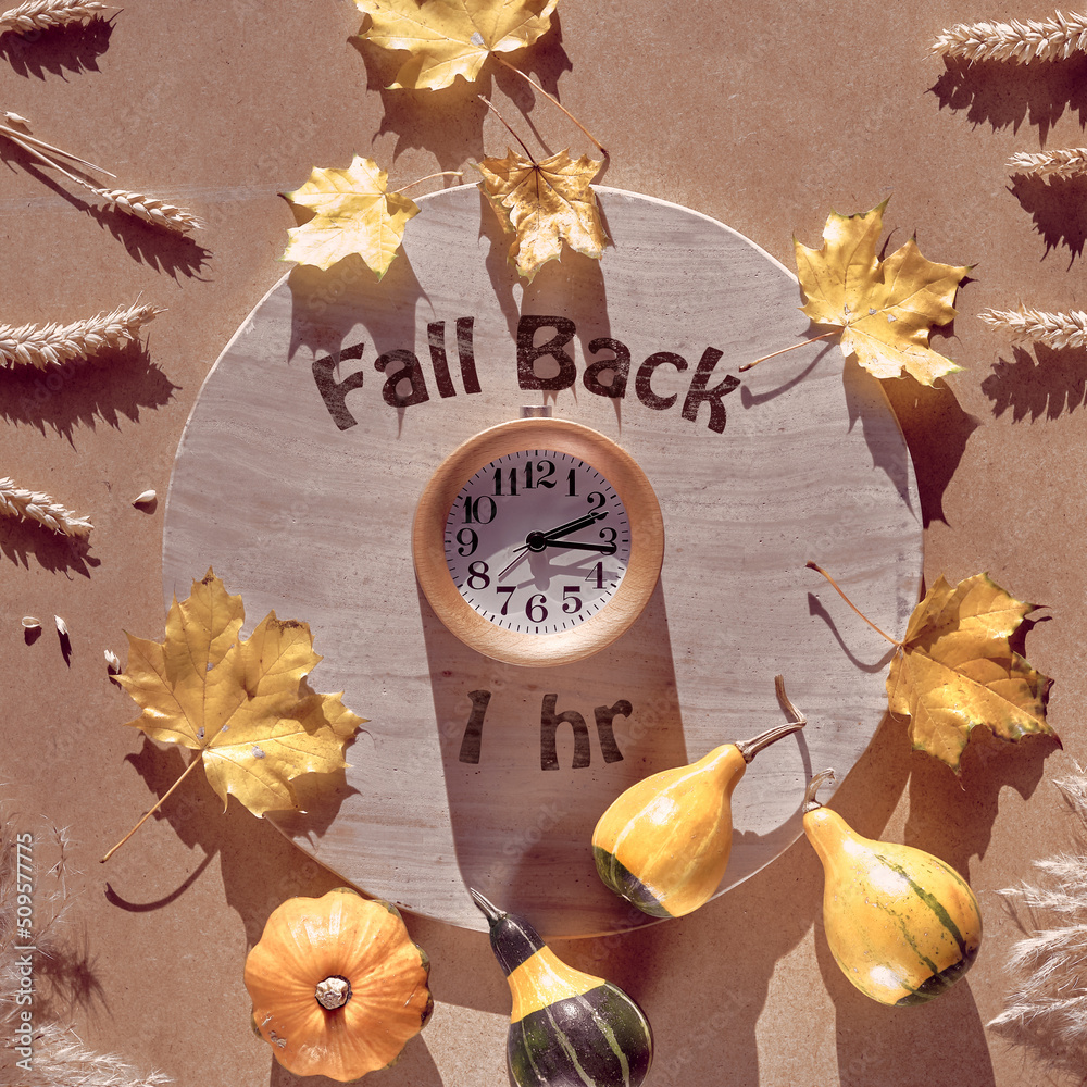 Time change in Autumn. Text Fall Back 1 hour on circle stone board ...