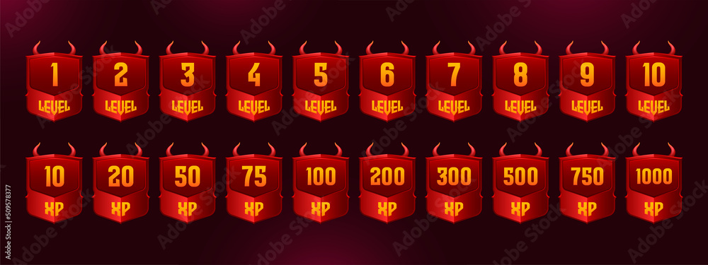 Red badges with game level number and xp points. Vector cartoon icons of rank labels with rank ...
