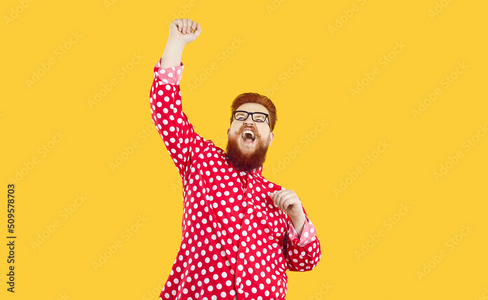 Funny chubby man celebrating achieving his goal. Happy lucky crazy fat ...