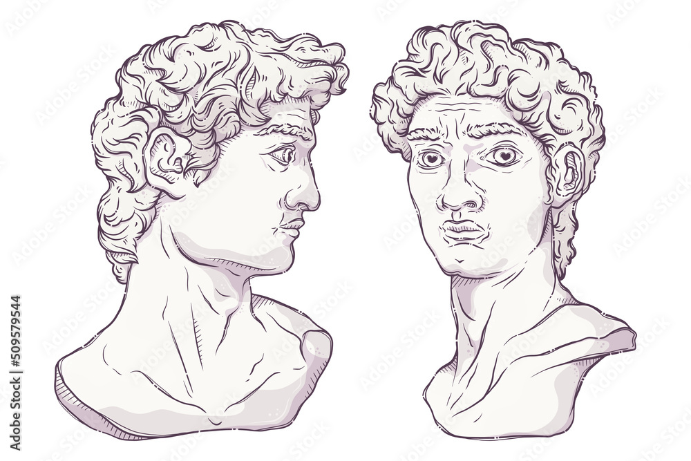 Greek statues. Plaster heads of David from various angles. Marble bust ...