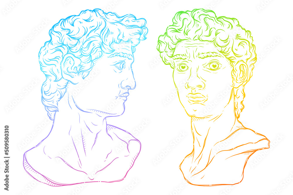 Greek statues. Plaster heads of David from various angles. Marble bust ...