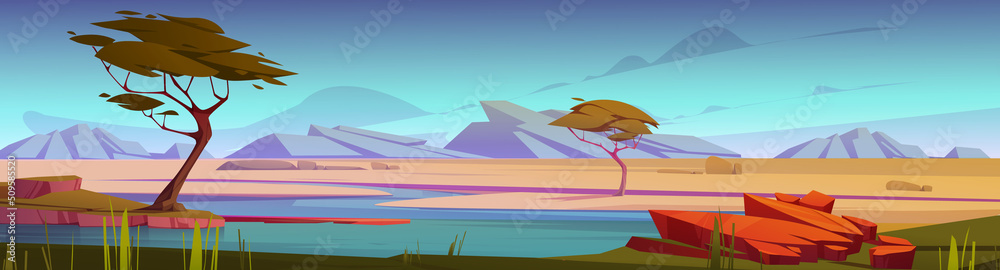 African savannah with river and acacia trees at sunset. Vector cartoon ...