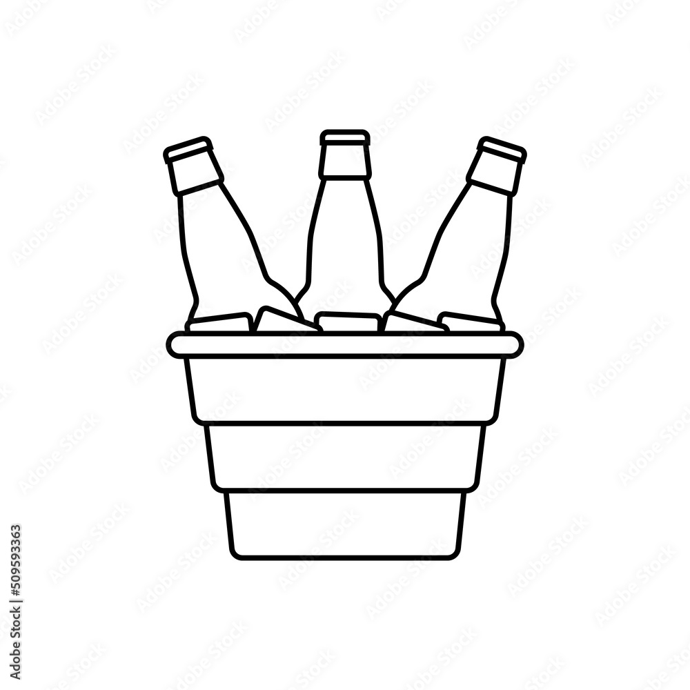 Bottles of beer in a metal bucket with ice cubes. Black and white ...