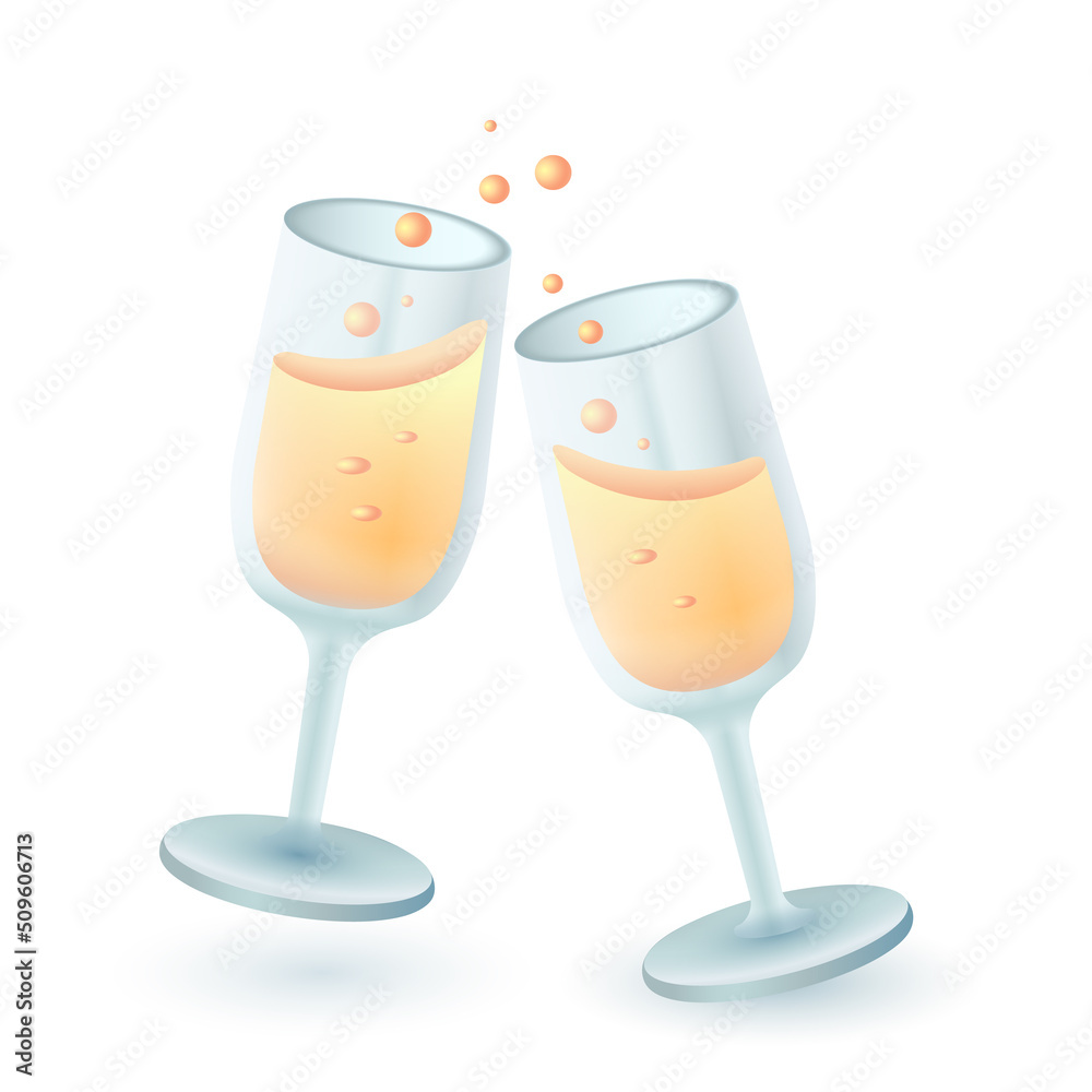 3d cartoon style glasses of champagne icon on white background ...