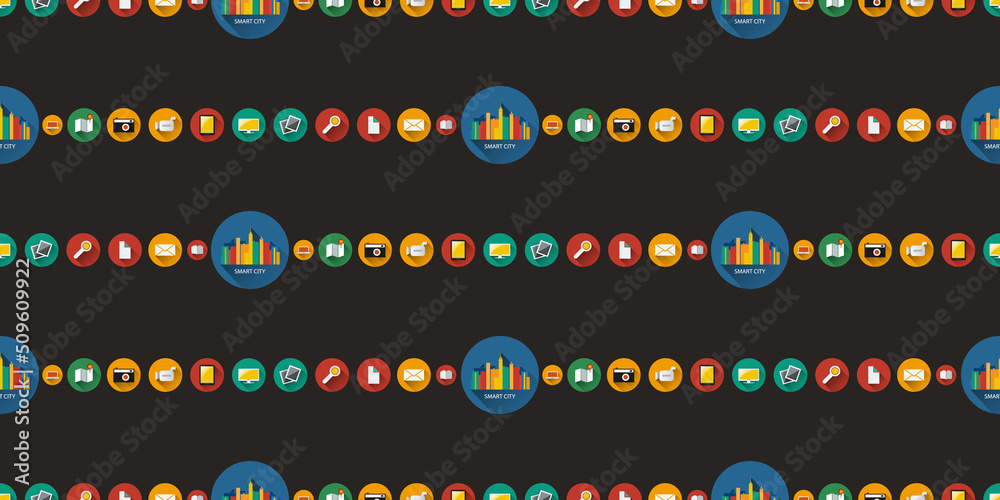 Rows of Colorful Retro Style Round Technology Icons Pattern on Dark ...