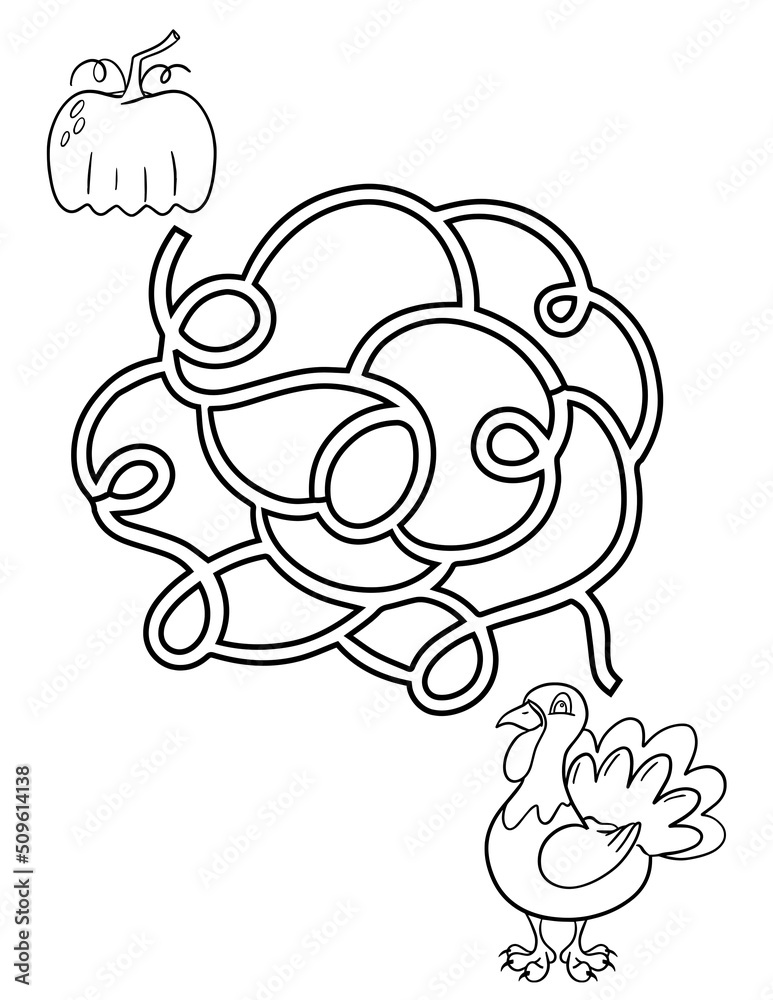 Simple Thanksgiving maze with turkey for kids. Coloring page for kids ...
