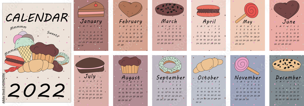 cute calendar by months vector illustration. Calendar for 2022 sweets ...