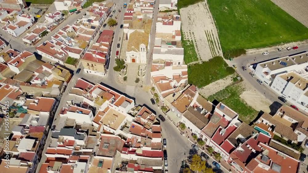 unique drone wide angle overthe top shoot of a wonderful white town of ...