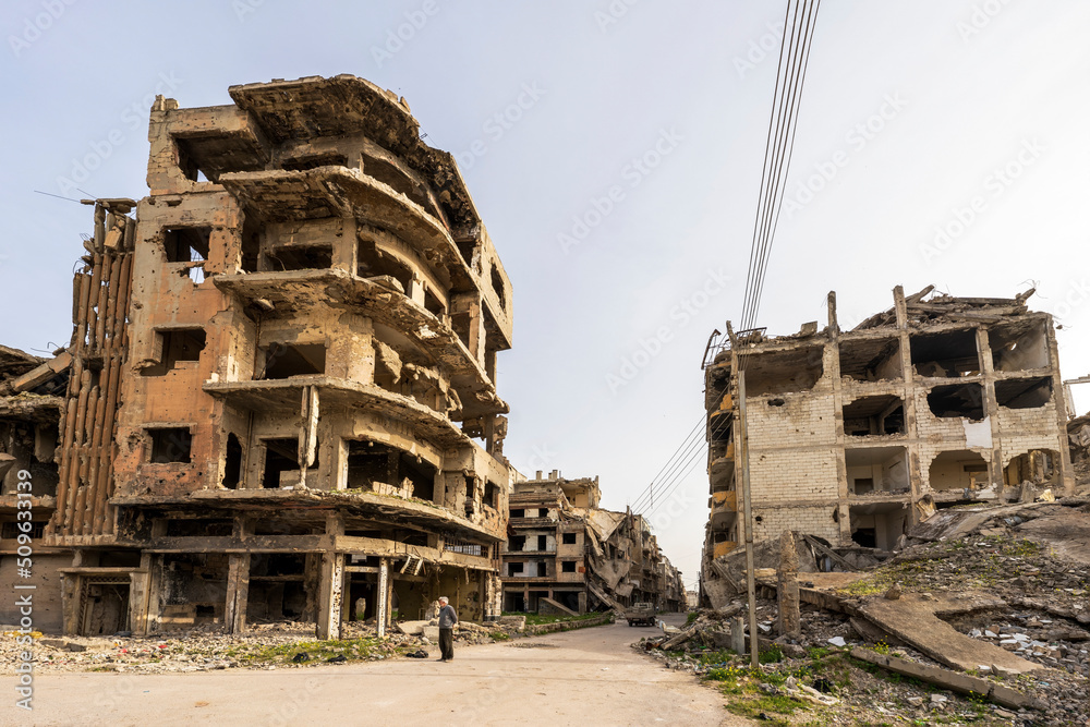 Civil war ruins of Homs, Syria. Homs is the most devastated large city ...