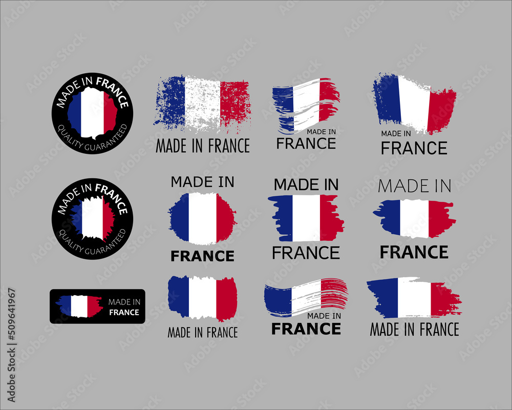 Set of stickers. Made in France. Brush strokes shaped with French flag ...