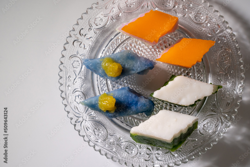 Nyonya delights dessert “Kaya Kuih” (Blue Glutinous Rice Cakes) , “Kuih ...