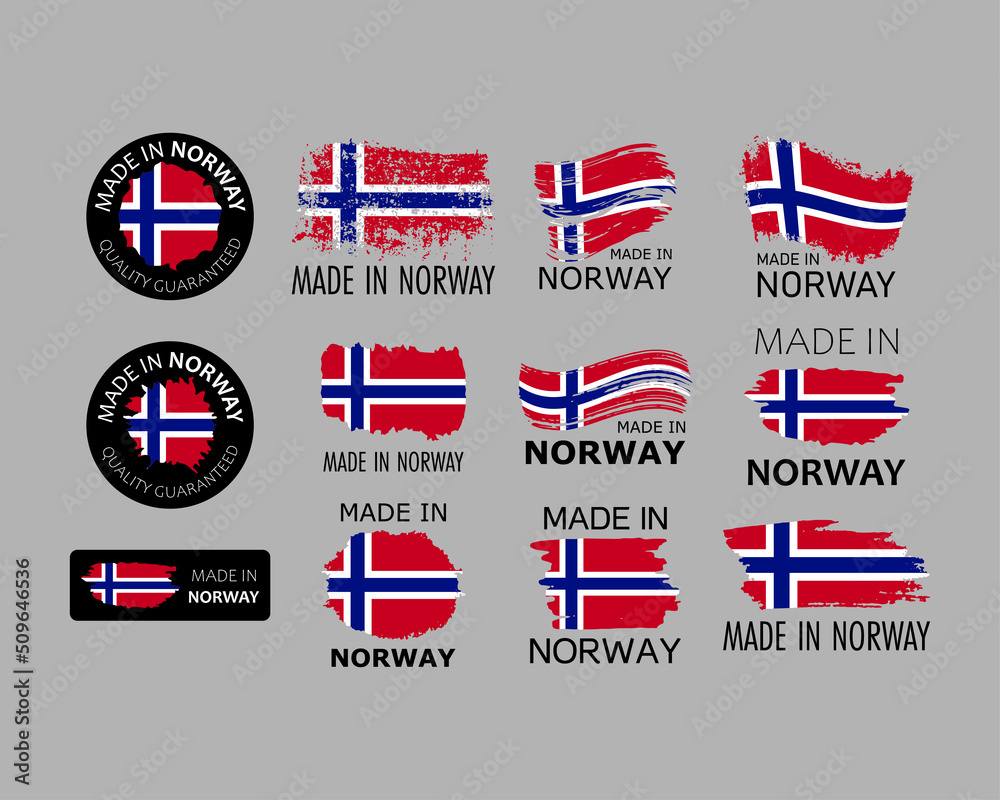Set of stickers. Made in Norway. Brush strokes shaped with Norwegian ...