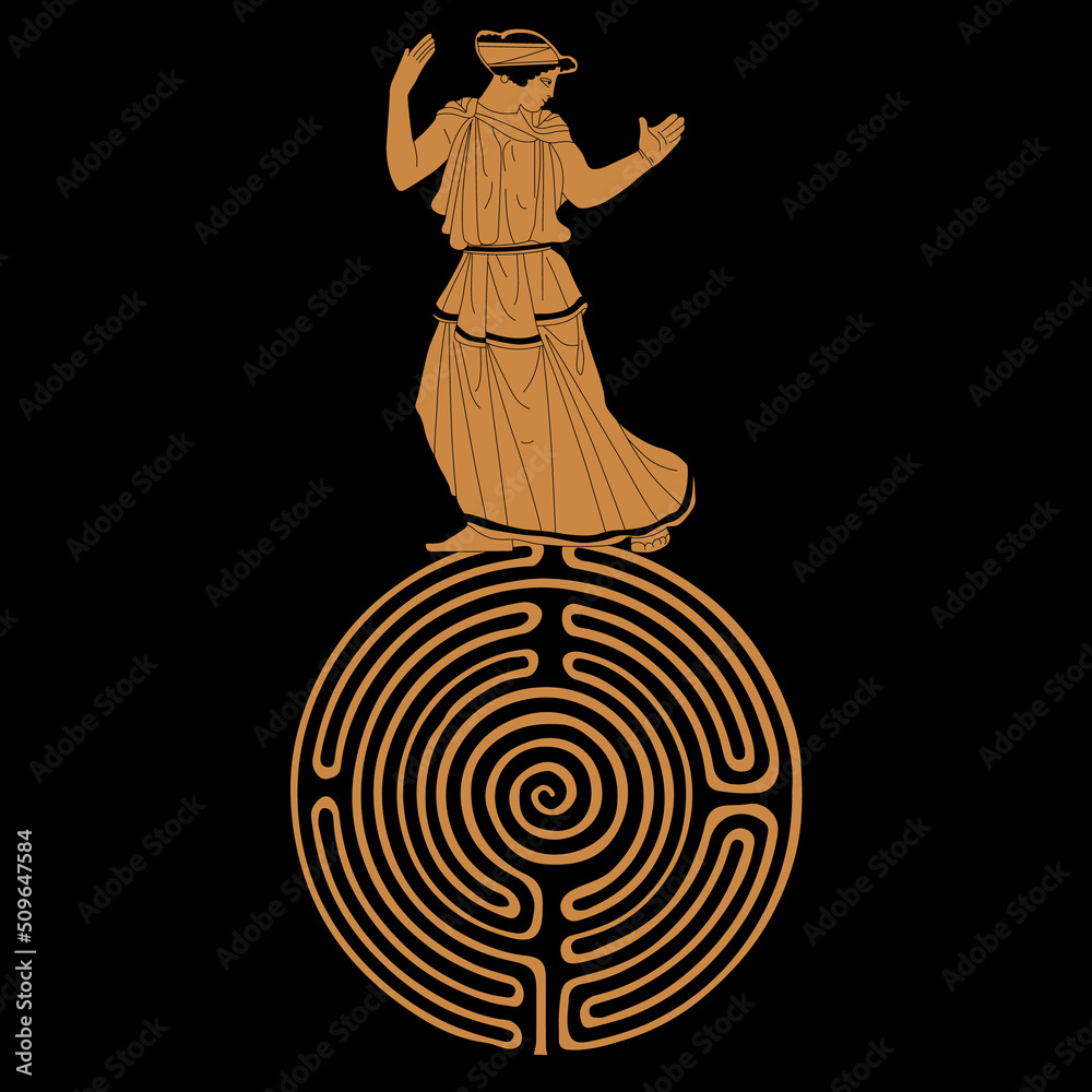 Ancient Greek girl standing on top of a round spiral maze or labyrinth ...