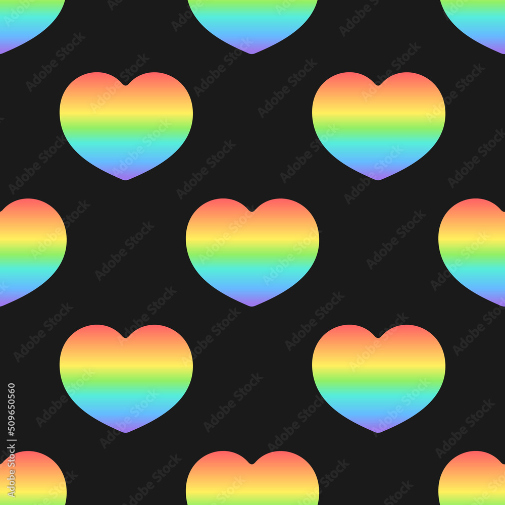Rainbow colored gradient hearts on black background. Seamless pattern ...