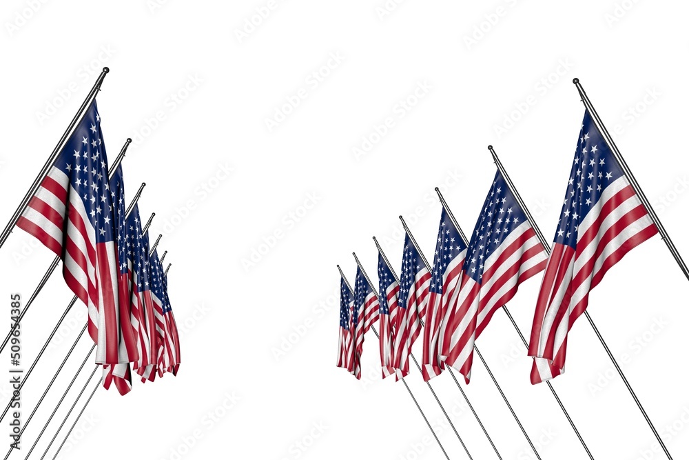 cute many USA flags hangs on in corner poles from left and right sides ...
