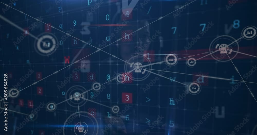 Animation of digital interface and network of connections over hacker ...