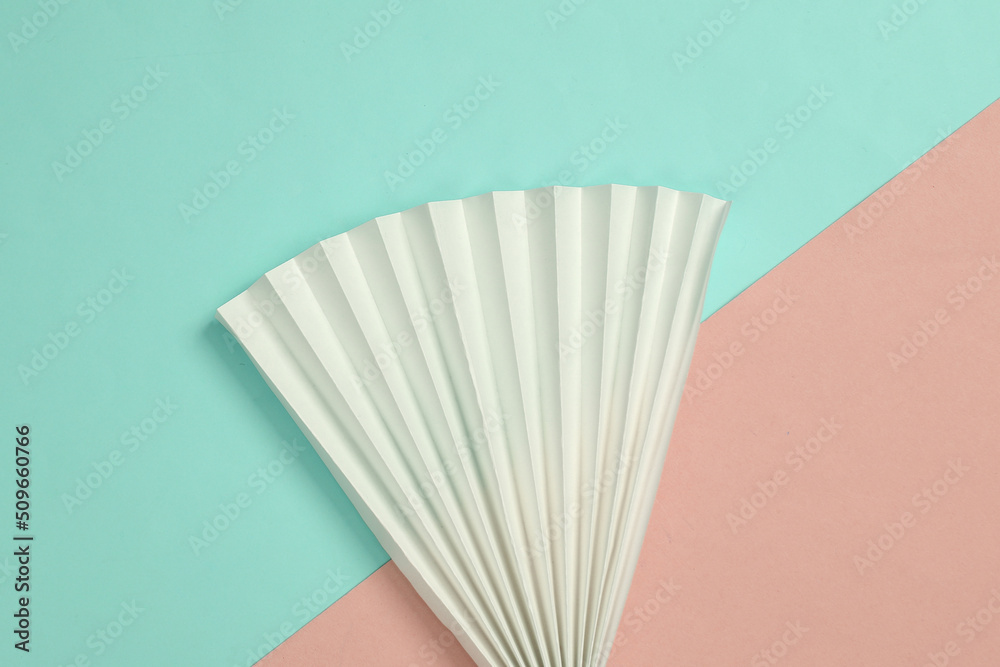 Paper fan on blue-pink pastel background. Concept art, minimalism Stock ...