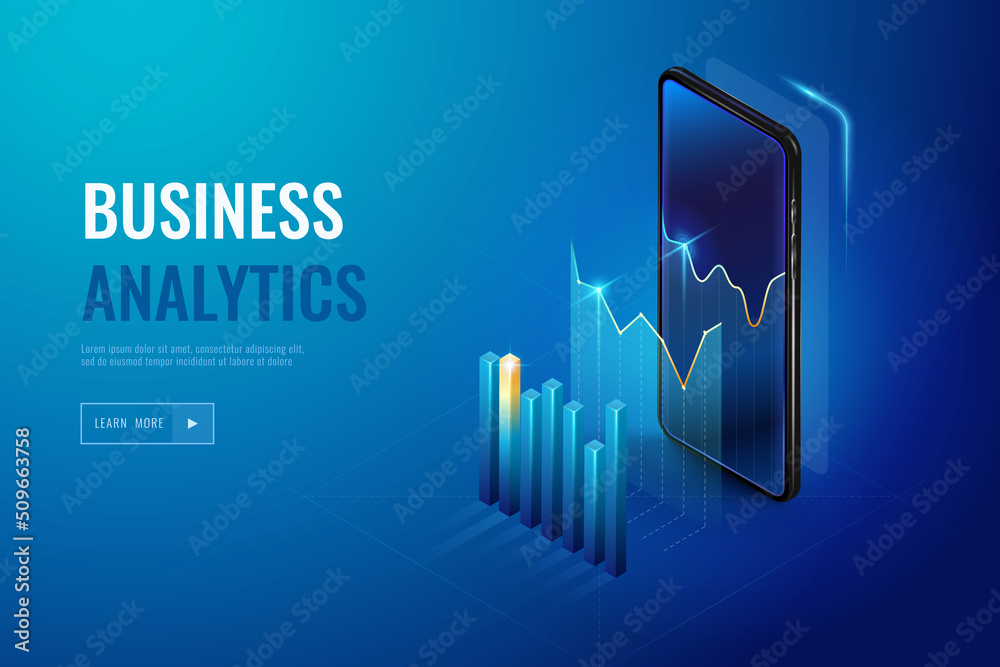 Realistic mobile phone with business analytics data and charts ...
