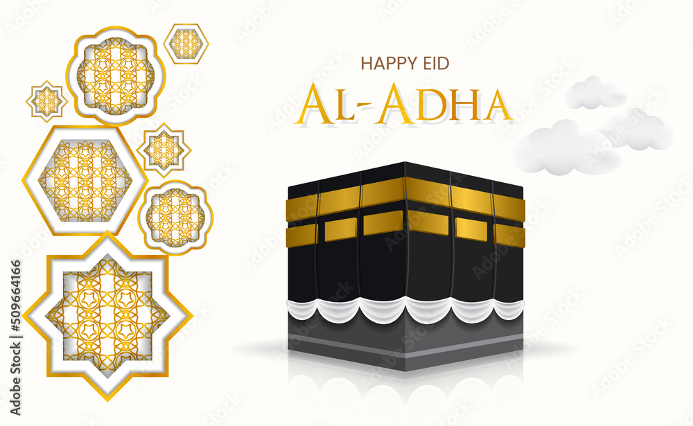 Happy eid al adha, kaaba design with islamic ornament on white ...