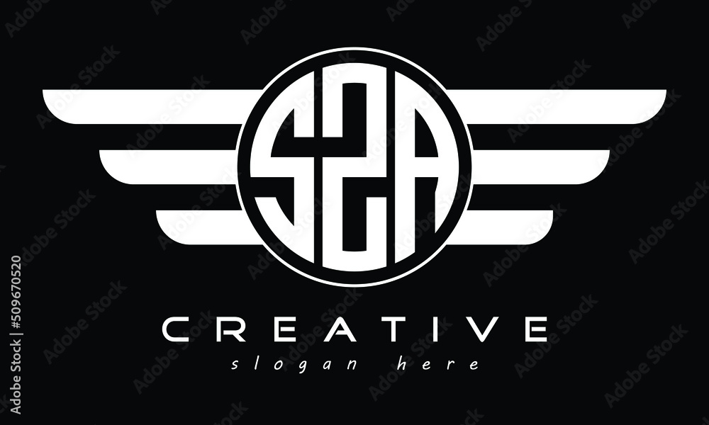 SZA three letter initial letter logo in circle with wings vector ...