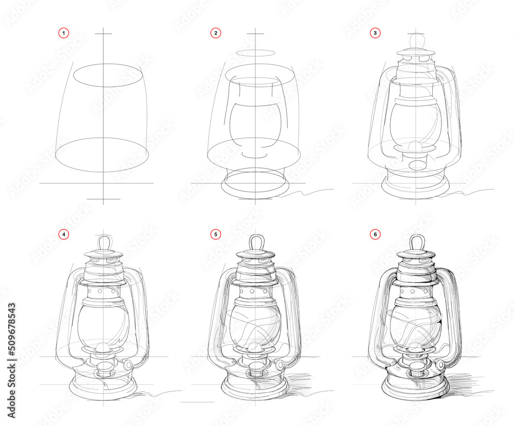 Page shows how to learn to draw sketch of old kerosene lamp. Creation ...