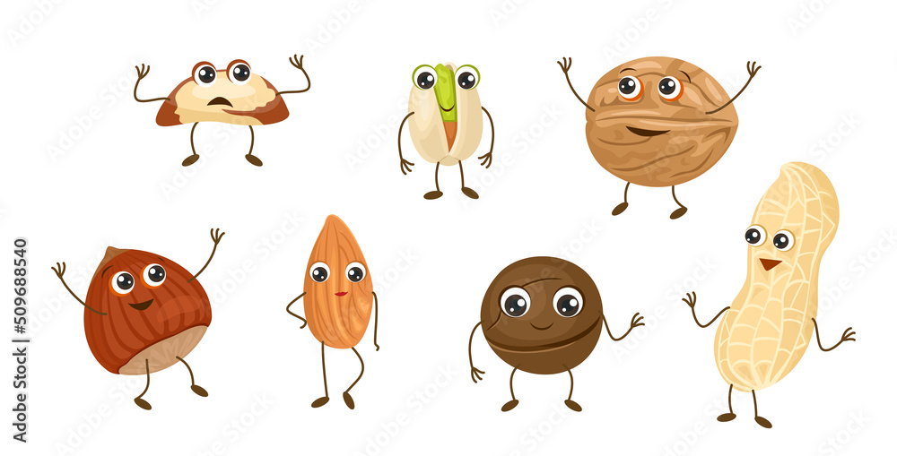 Cute nuts characters. Collectionof funny food vector illustration ...
