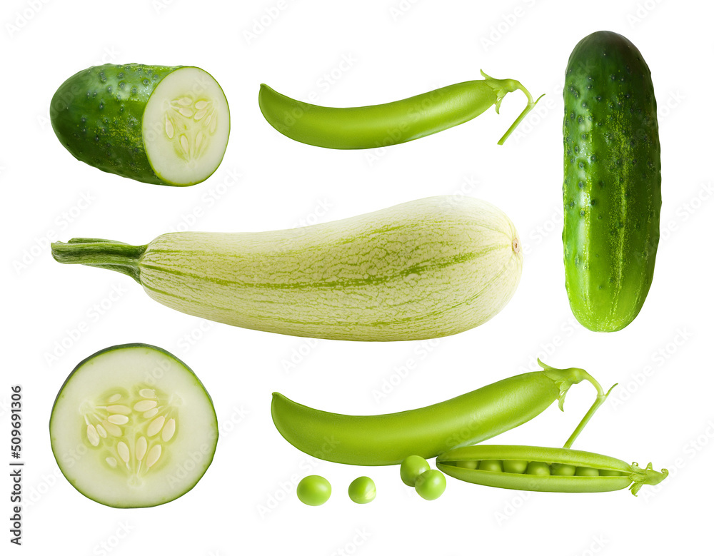 Set of different green vegetables isolated on white background. One ...