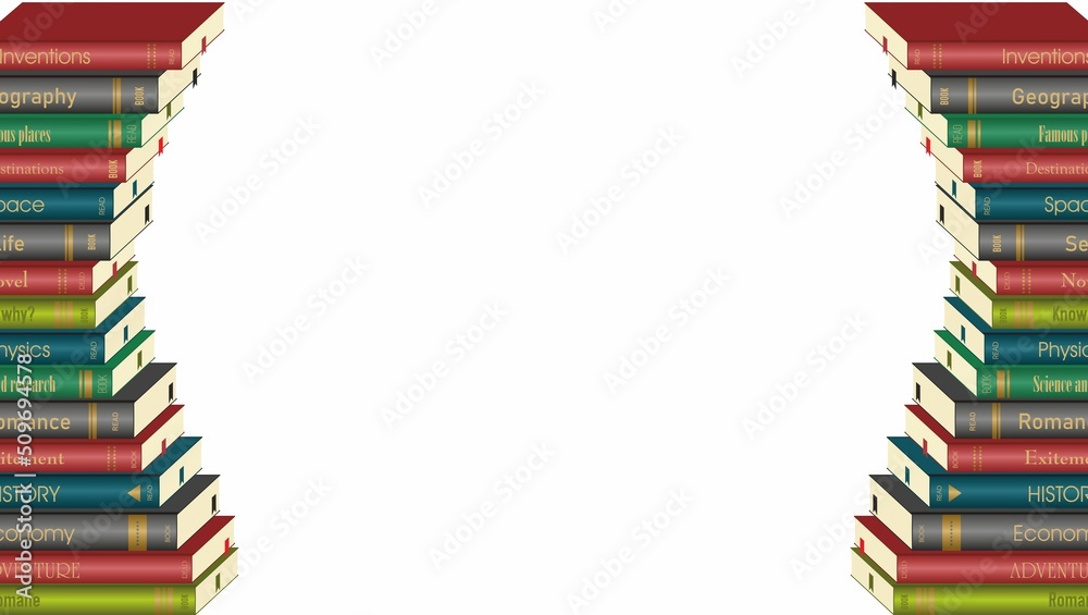 Background frame with pile of plenty books. Isolated on white ...