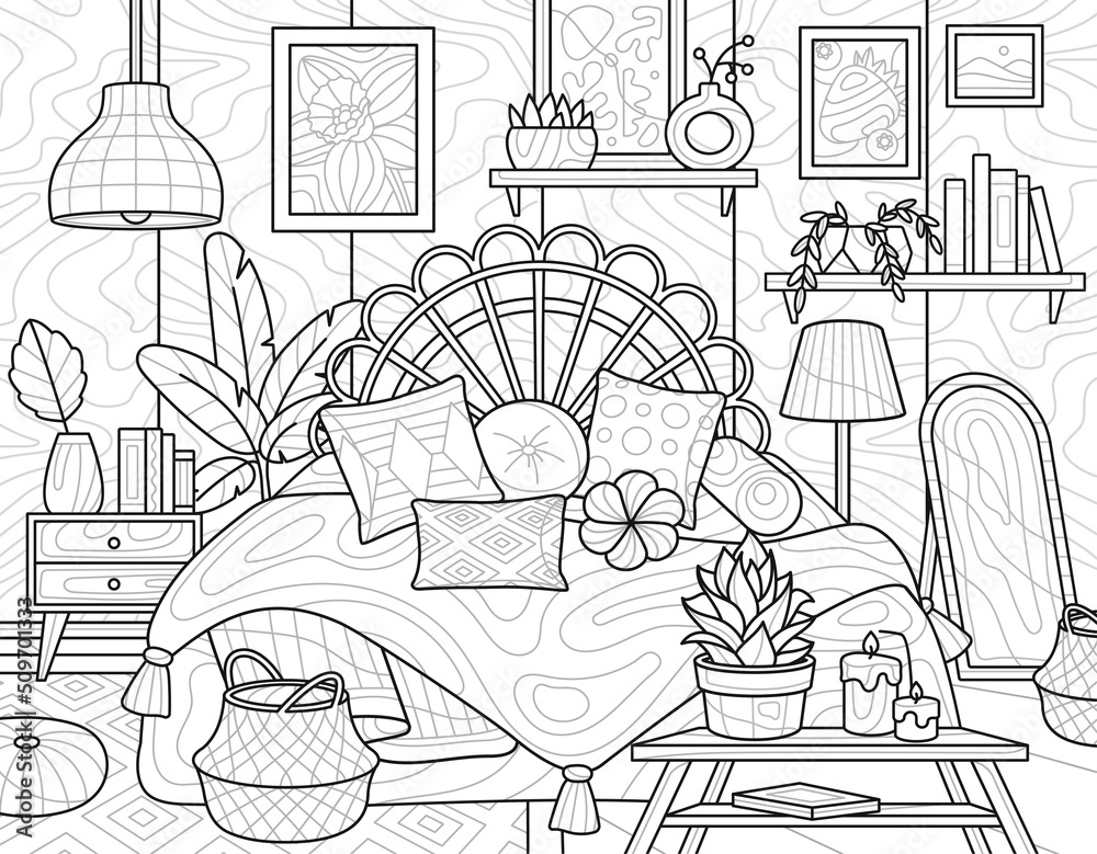 Design for coloring book. Cozy bedroom with soft bed, warm blanket ...