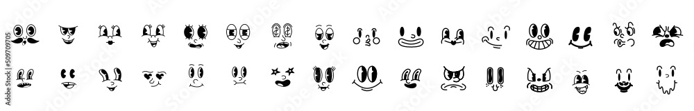 Retro 30s cartoon mascot characters funny faces. 50s, 60s old animation ...