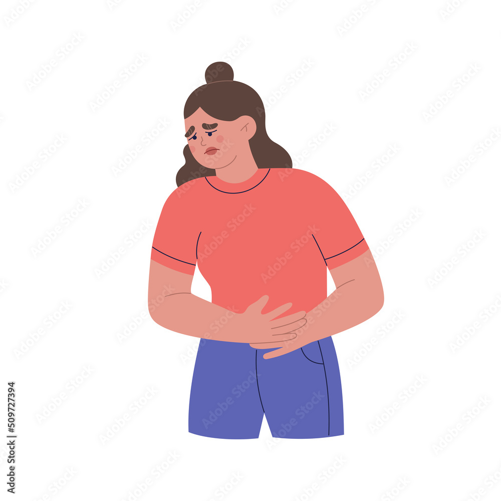 Young girl suffering from stomach pain. Woman holding his belly with ...