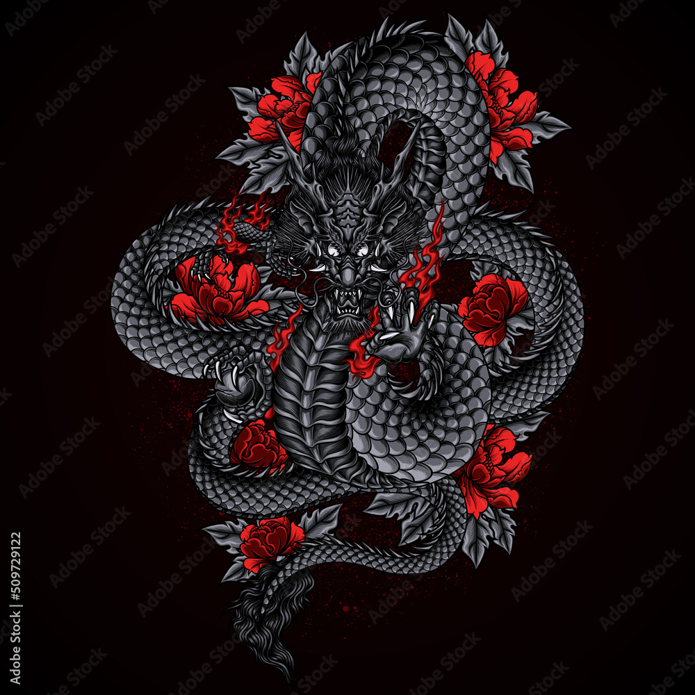 dragon with flowers vector illustration Stock Vector | Adobe Stock
