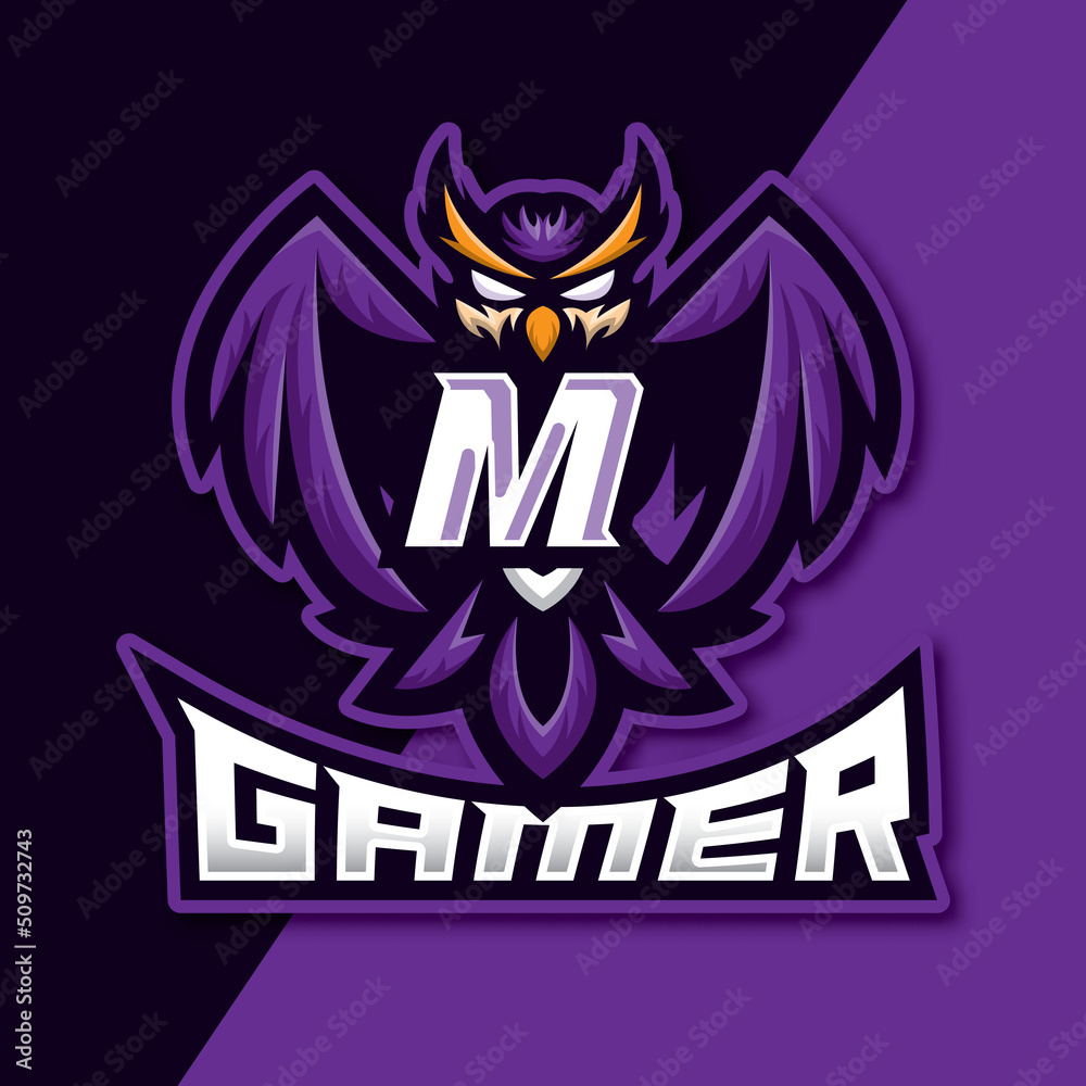 Letter M Owl Mascot esport gaming logo design, owl night bird ...