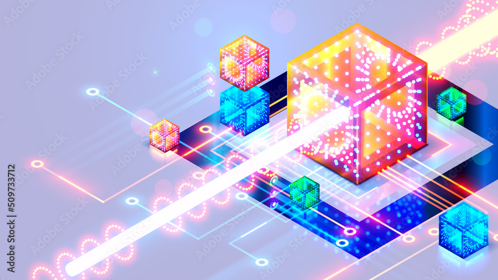 Abstraction concept of Quantum computer. The beam of digital signal ...