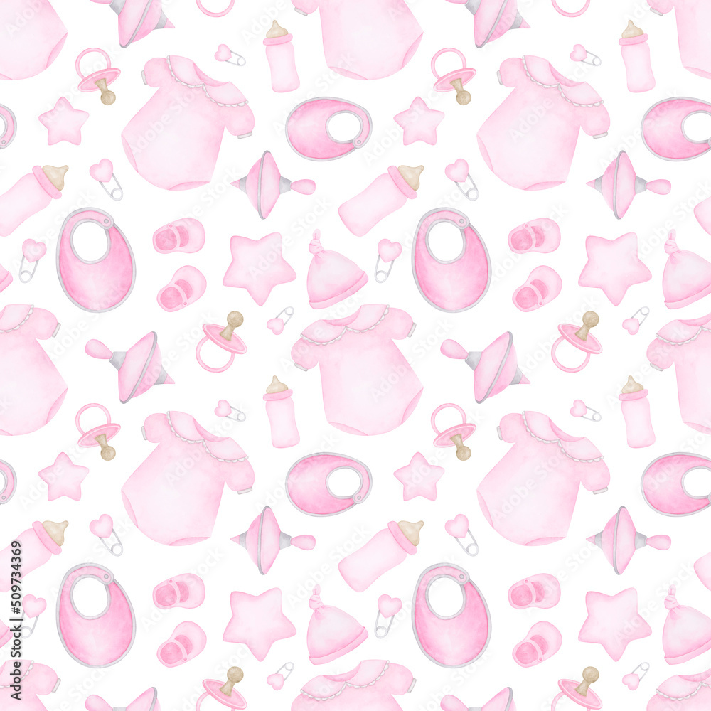 Newborn baby girl accessories, clothes, toys background. Nursery girl ...