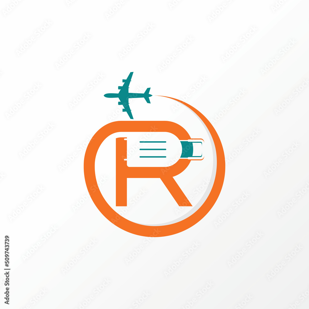 Simple letter R sans serif font with circle line, airplane fly, and ...