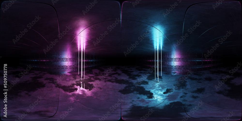 Futuristic neon lights interior Hdri. 360 panoramic view of a cyber ...