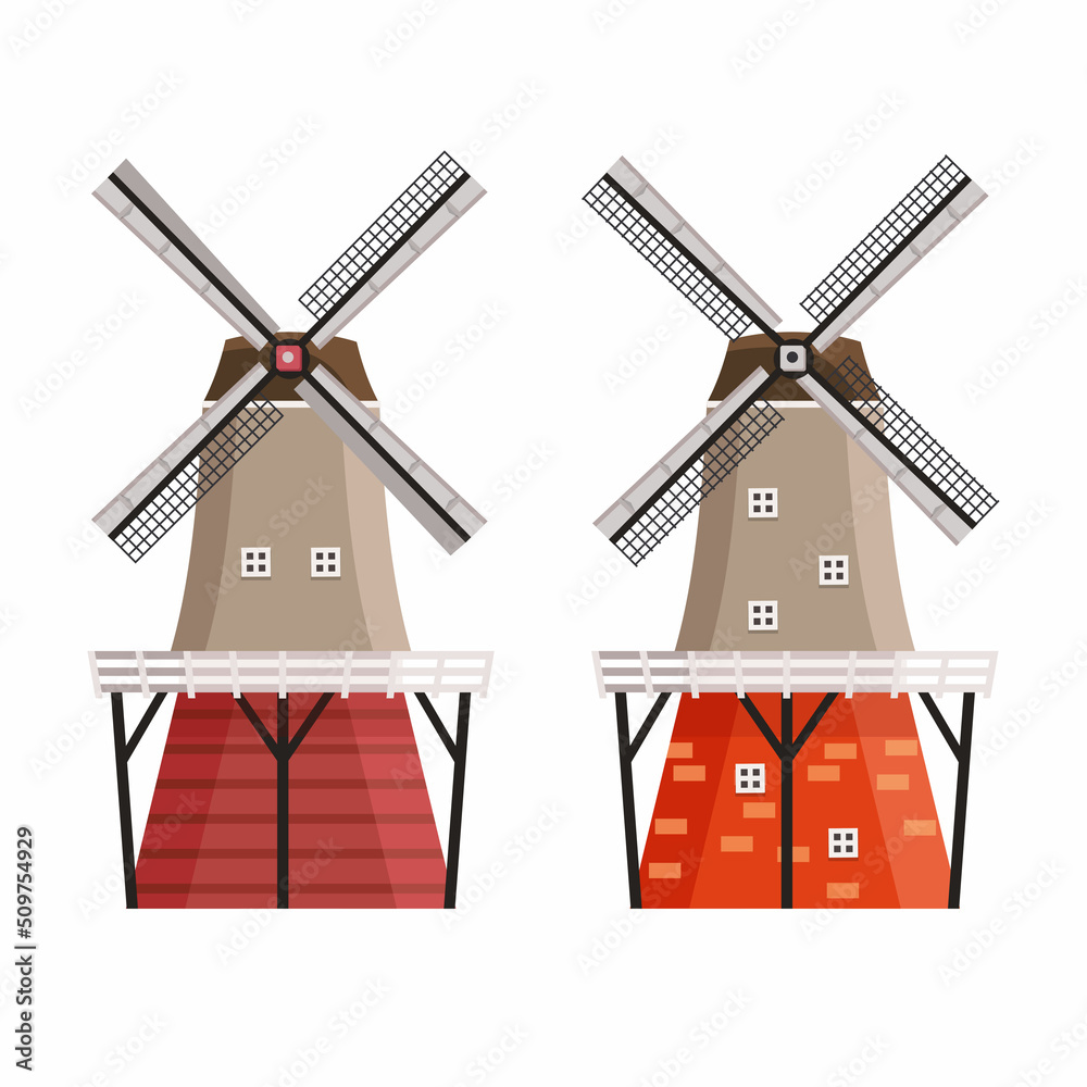 Old mill. Traditional wind mill isolated on white background. Wooden ...