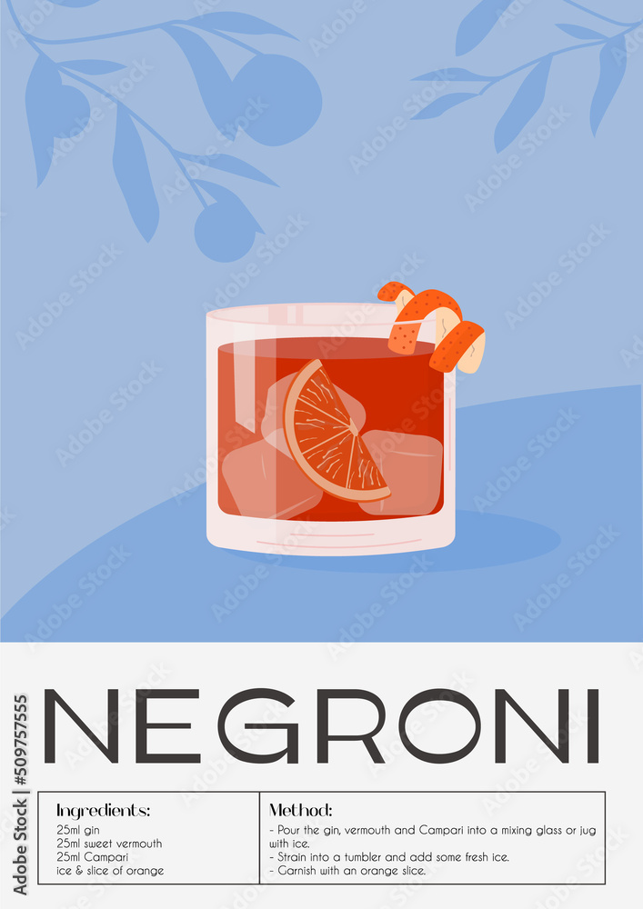 Contemporary poster of Negroni cocktail with orange slice and citrus ...