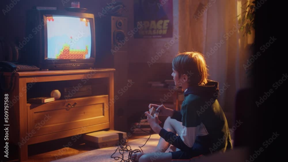 Nostalgic Childhood Concept: Young Boy Playing Old-School Arcade Video ...