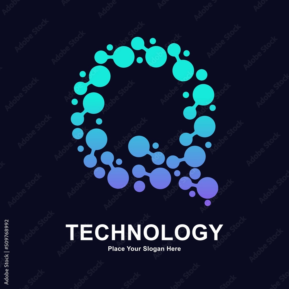 Abstract Letter Q with molecule element and dots connection vector logo ...
