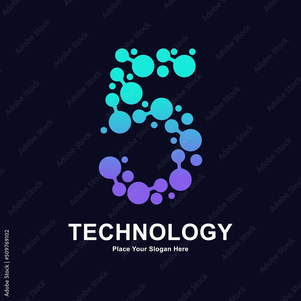 Abstract number 5 with molecule element and dots connection vector logo ...