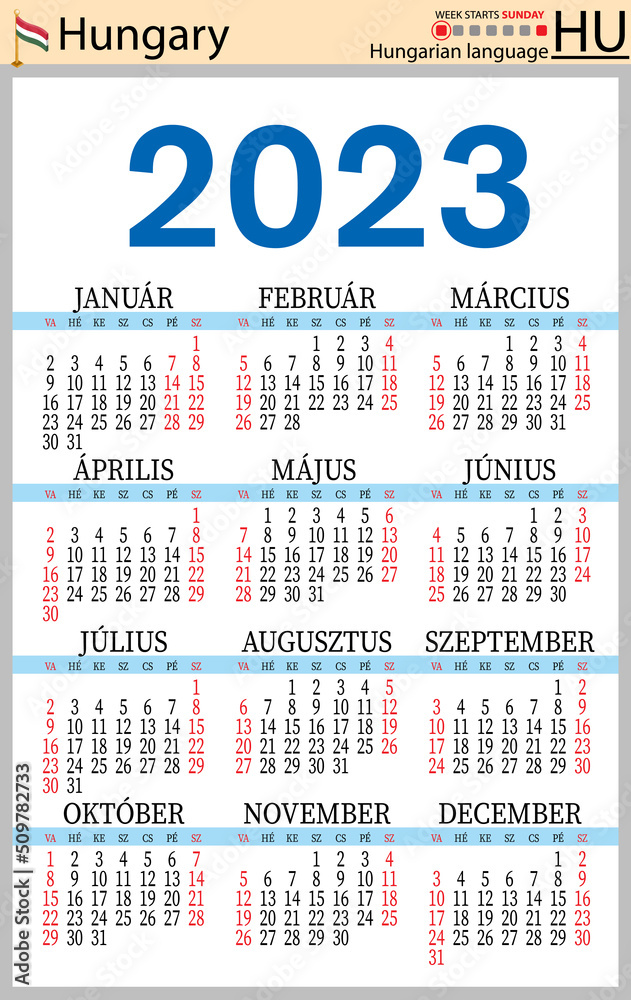 Hungarian vertical pocket calendar for 2023. Week starts Sunday Stock ...