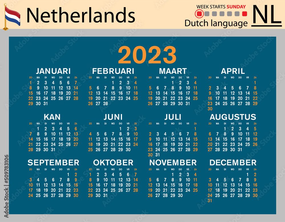 Dutch horizontal pocket calendar for 2023. Week starts Sunday Stock ...