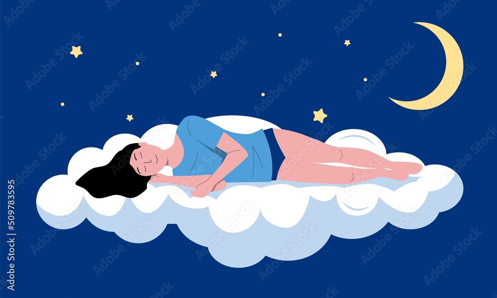 Sleeping person illustration. Cartoon sleeping and dreaming young girl ...