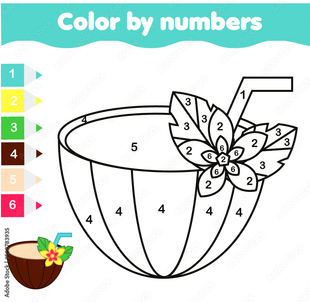 Coloring page with coconut cocktail. Color by numbers picture for ...