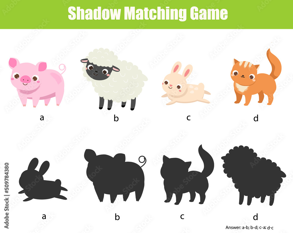 Shadow matching game for children. Kids activity with cute farm animals ...