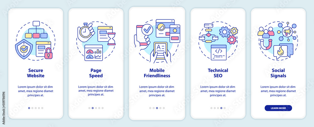 SEO ranking factors onboarding mobile app screen. Website promo ...